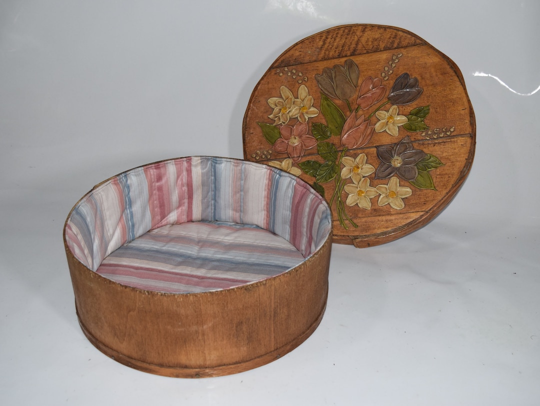 Wood Round Bentwood Cheese Barrel Pantry Box Painted Shabby Flowers ...