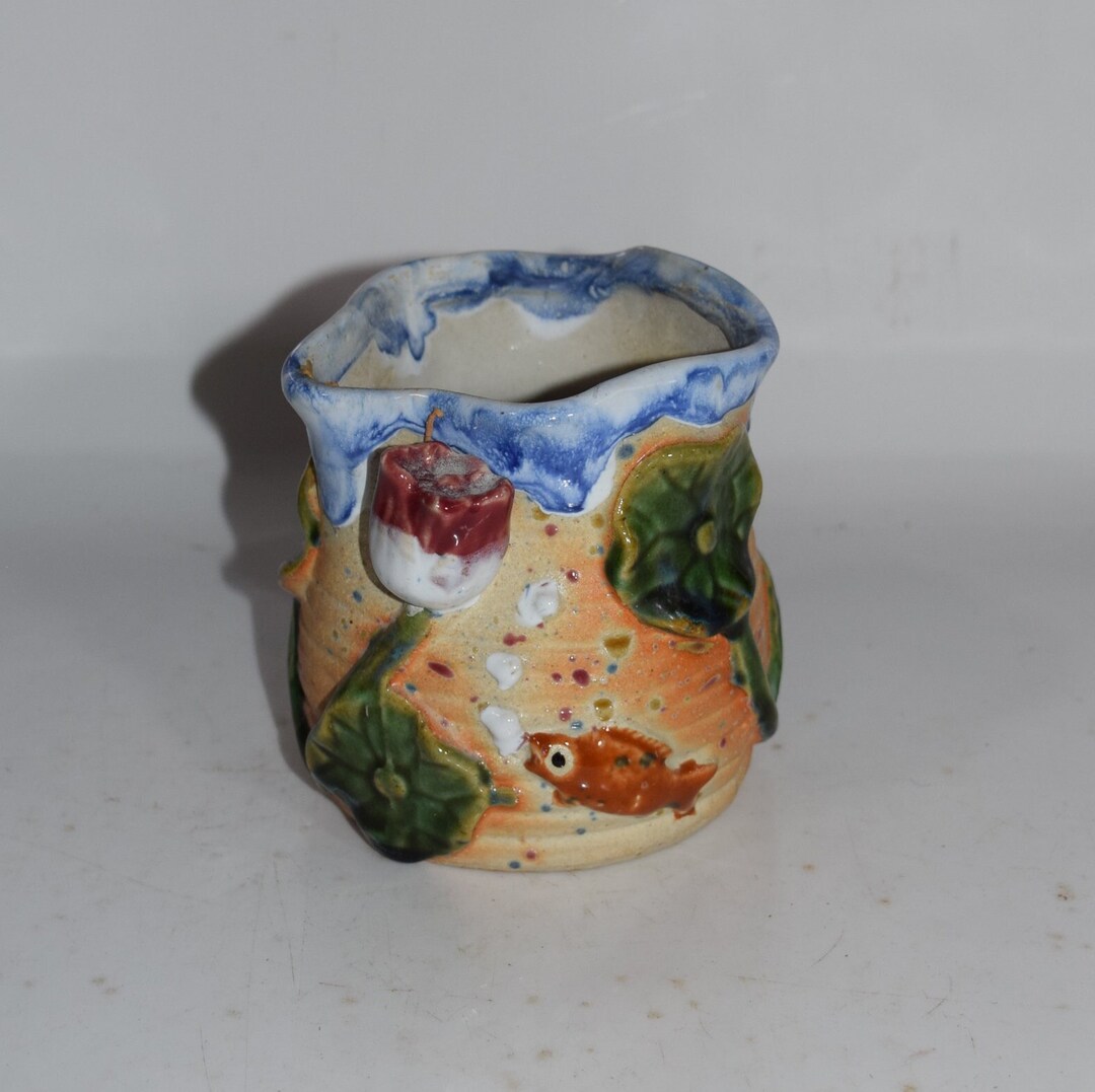 1960s Ceramic 3D Applied Fish and Lily Pad Motif Planter Wide-mouth ...