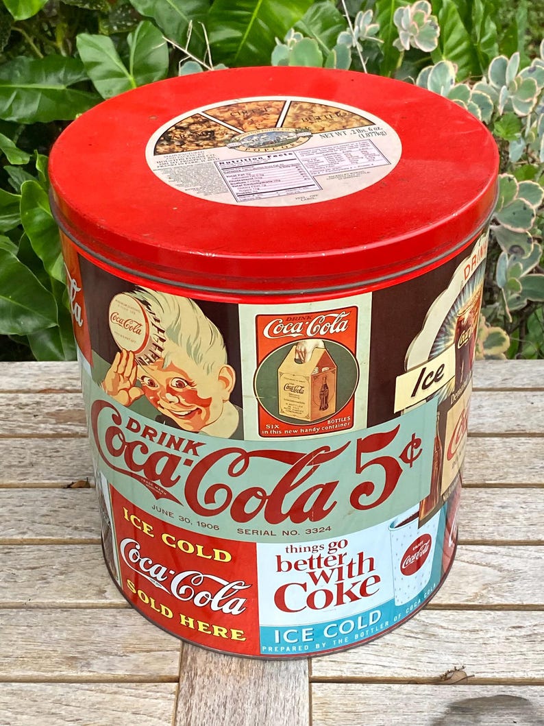 Reproduction Coca-cola Coke Popcorn Tin Can W History of Logos Large ...