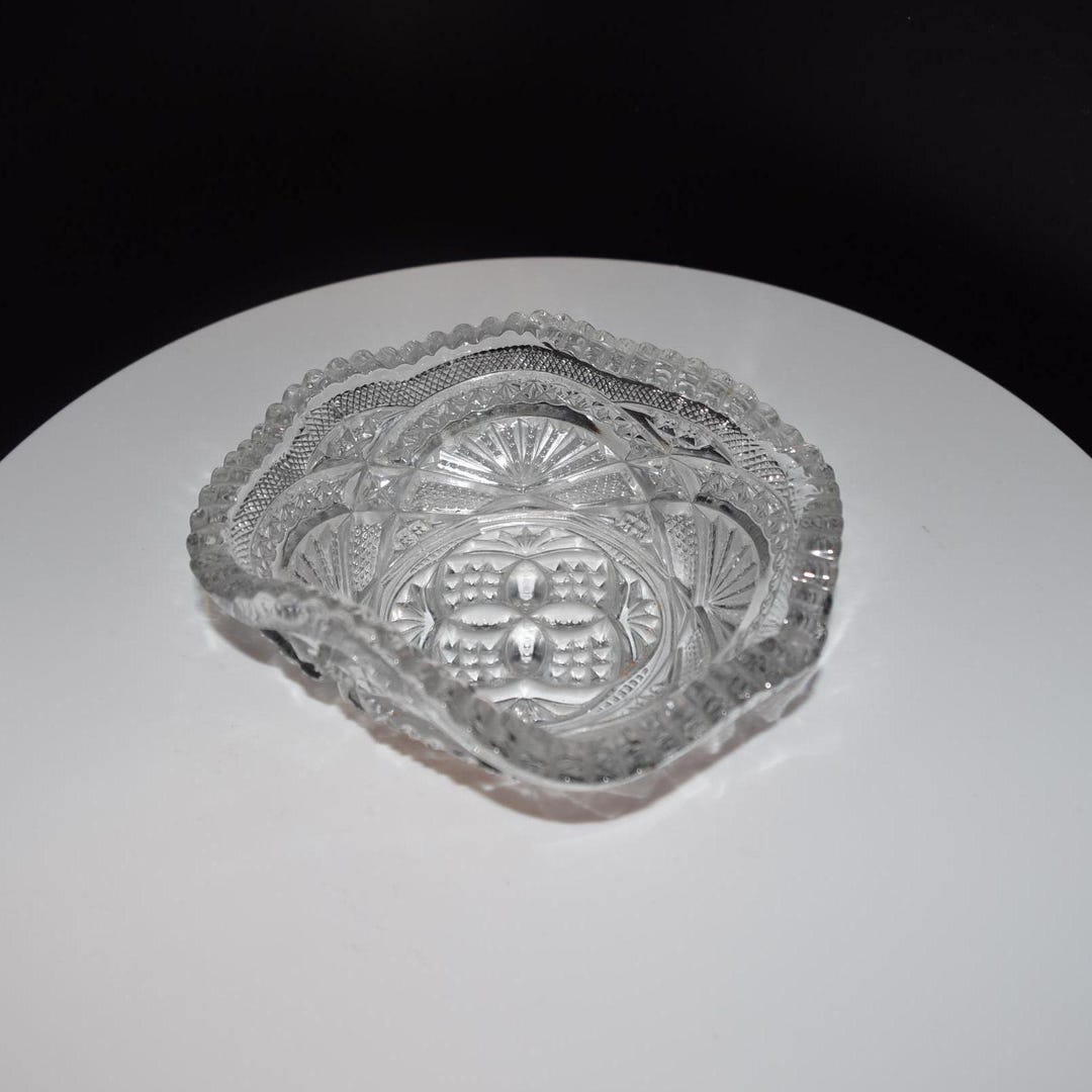 Vintage Cut Glass Square Sawtooth Edge Candy Trinket Dish Bowl Trinket ...