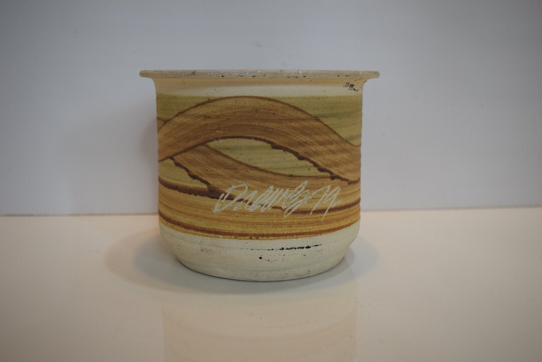 Large Cachepot Artist Signed Studio Art Pottery Vase Striped Banded ...
