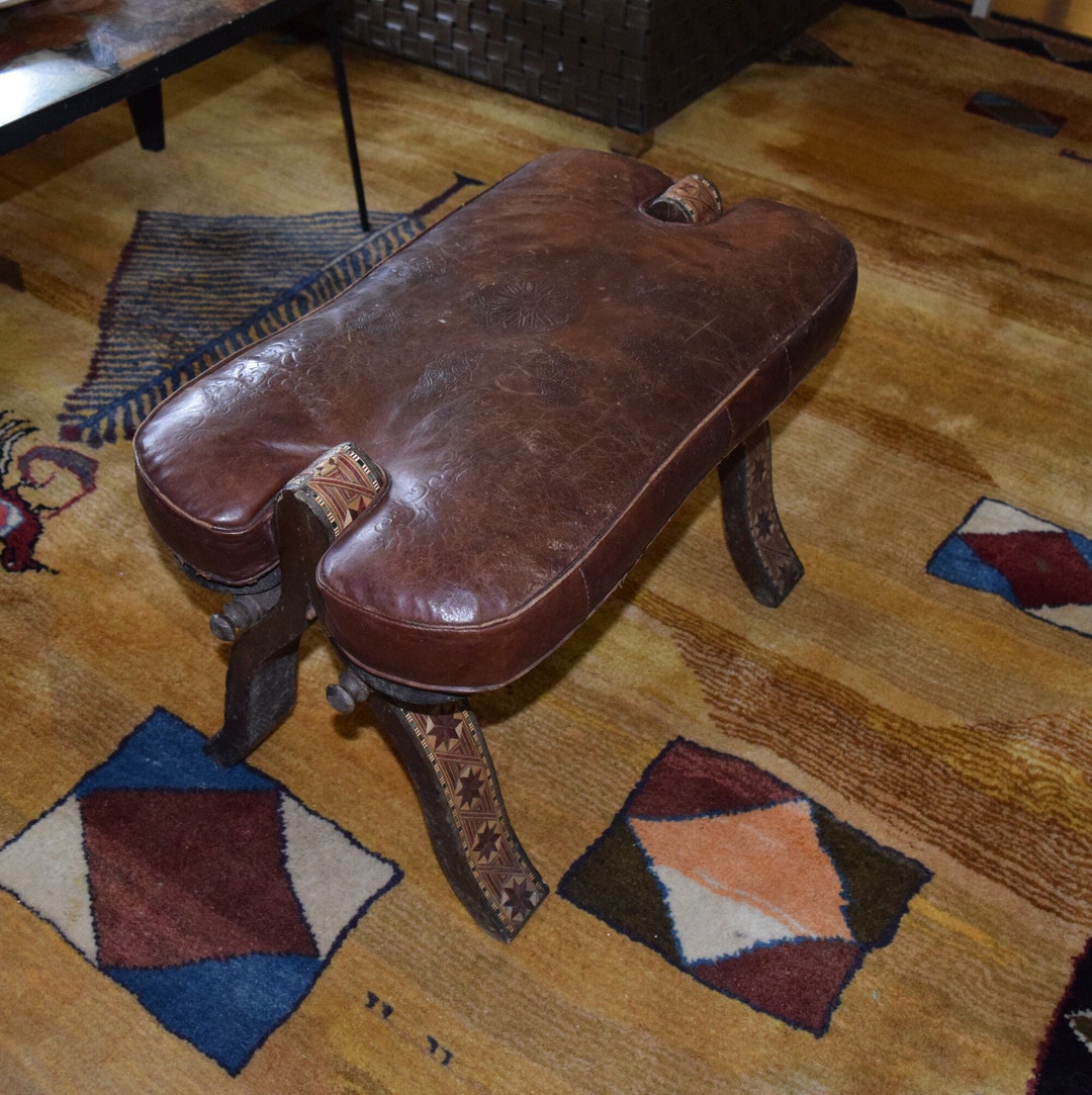 Rustic Handmade Moroccan Camel Saddle Stool, Dark Tan Leather Cushion ...