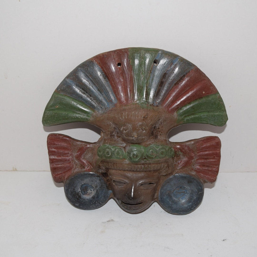 Mexican Ceramic Aztec Eagle Warrior Mask Wall Art Face Clay Terracotta ...