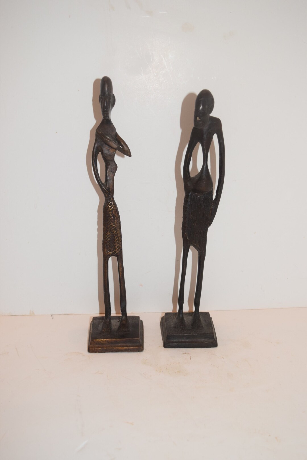 2 Elongated Tall Slender Metal Bronze African Sculpture Man & Woman ...