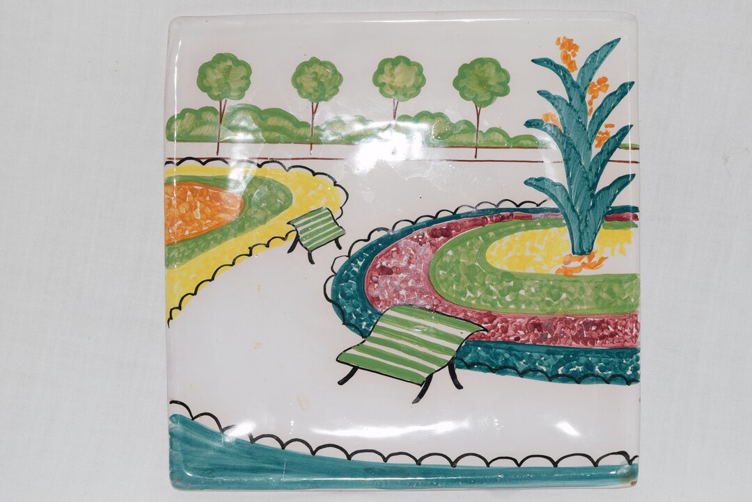 Unique Park Scene With Park Benches 6" X 6" Hand Painted Ceramic ...