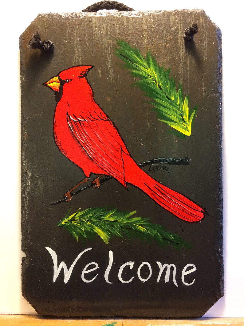 CARDINAL WELCOME SIGN - Hand Painted Slate - Etsy
