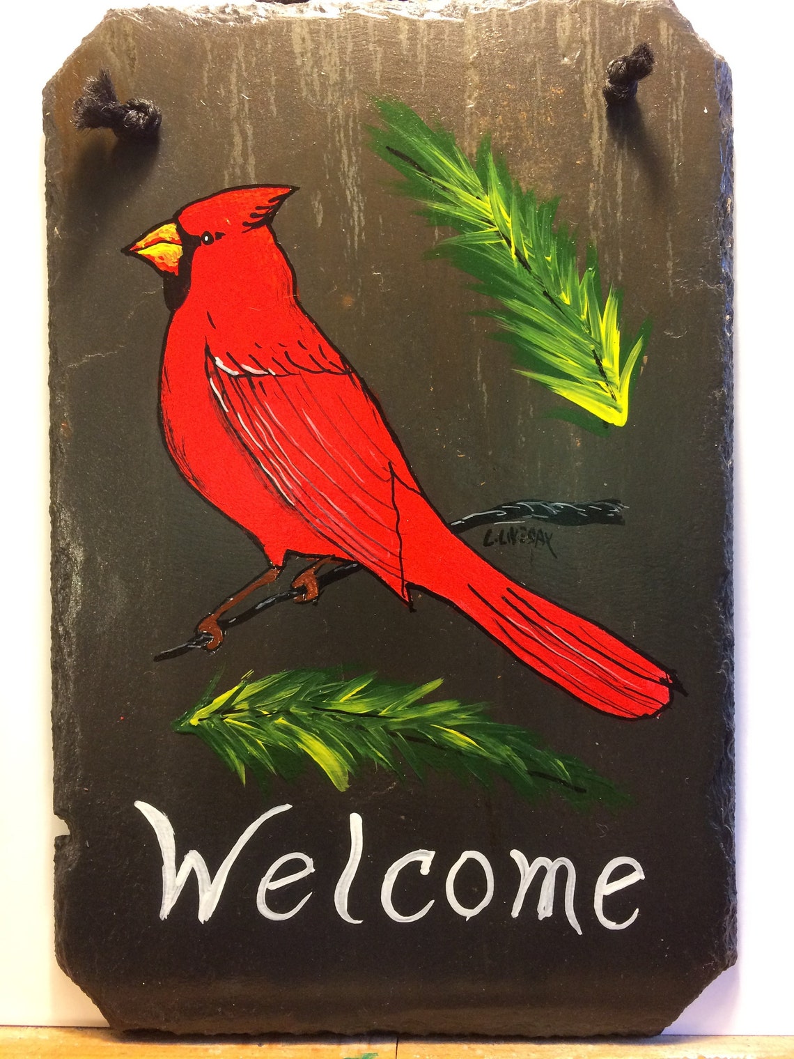 CARDINAL WELCOME SIGN - Hand Painted Slate - Etsy