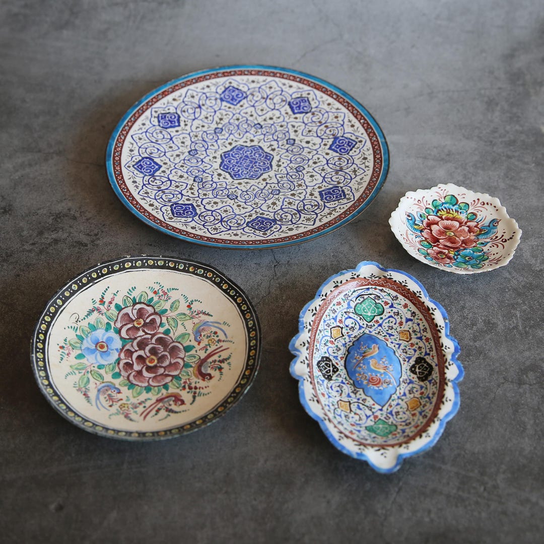 Set of Four Hand Painted Tin Dishes With Flowers and Birds Boho - Etsy