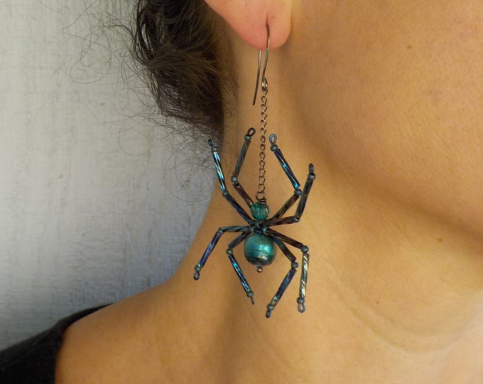 Dark Turquoise Spider Earrings Beaded Spider Pearl Spider, Halloween ...