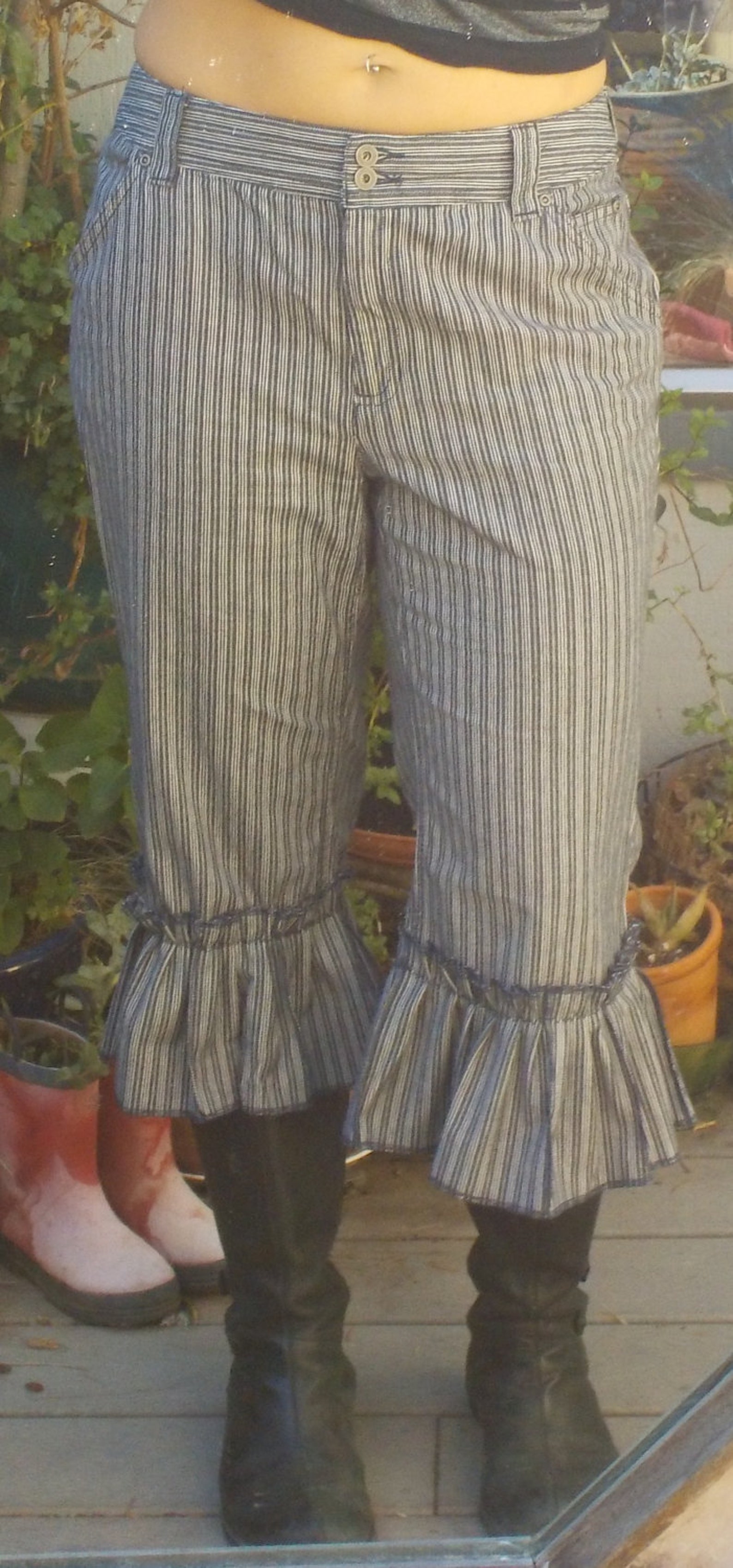 Eco Ruffle Pants Navy and White Pin-stripe Upcycled Trousers - Etsy