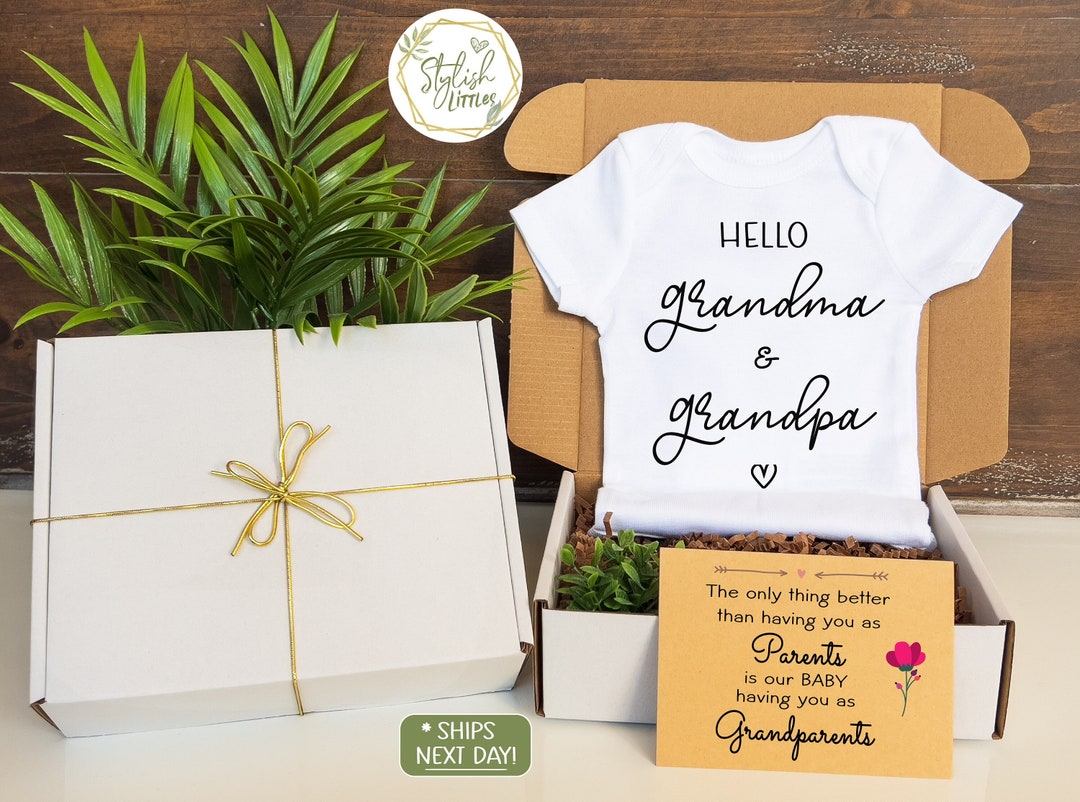Hello Grandma and Grandpa GIFT BOX Baby Announcement Onesie® Bodysuit a ...