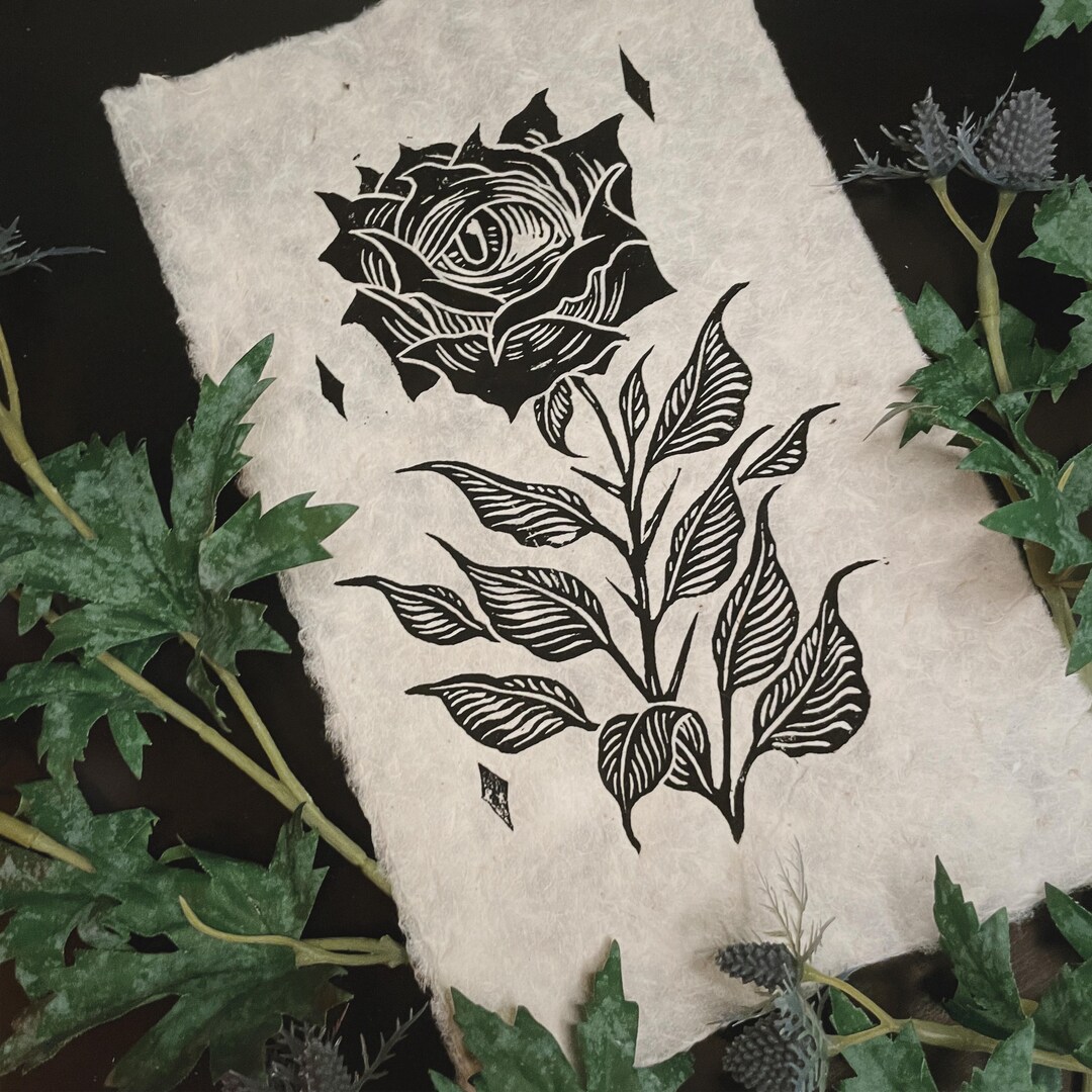 LITTLE ROSE - Linoleum Print on Nepalese Lokta Paper, Fantasy, Dark Art ...