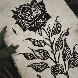 LITTLE ROSE - Linoleum Print on Nepalese Lokta Paper, Fantasy, Dark Art ...