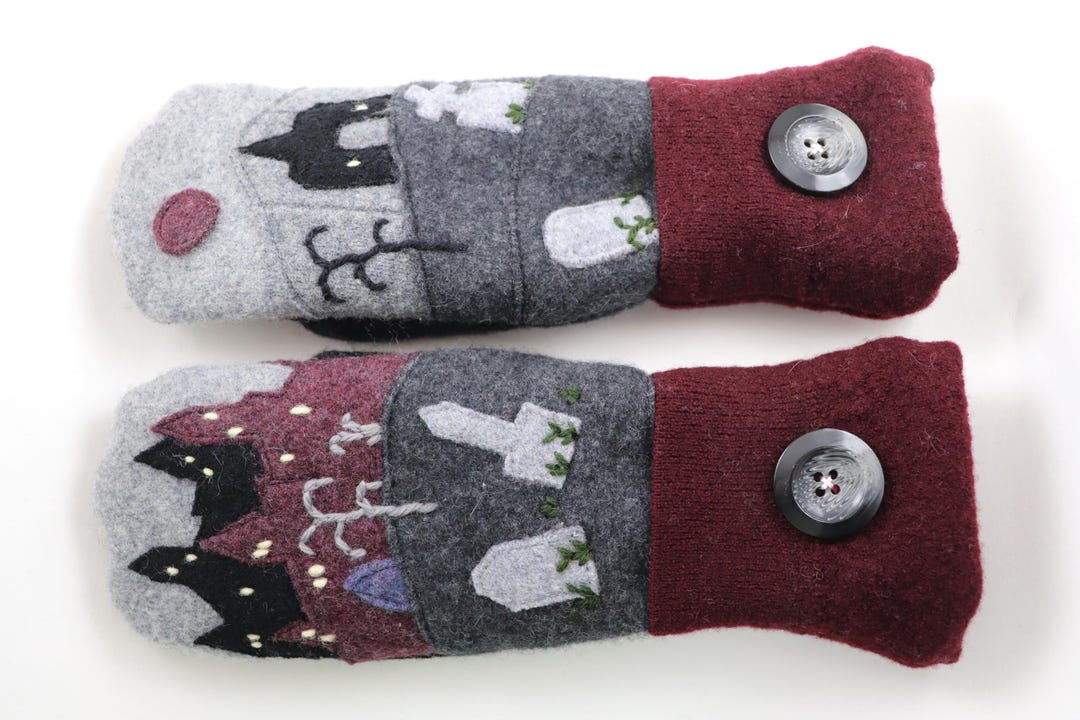 LARGE, Upcycled Sweater Mittens, Cemetery, Gothic, Spooky, Haunted ...