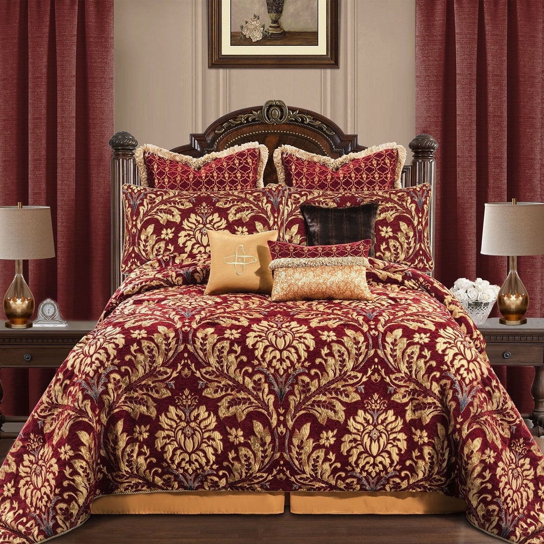 Lafaye Comforter Set- 9 Pcs Damask Bedding Set- Bed in a Bag Queen ...