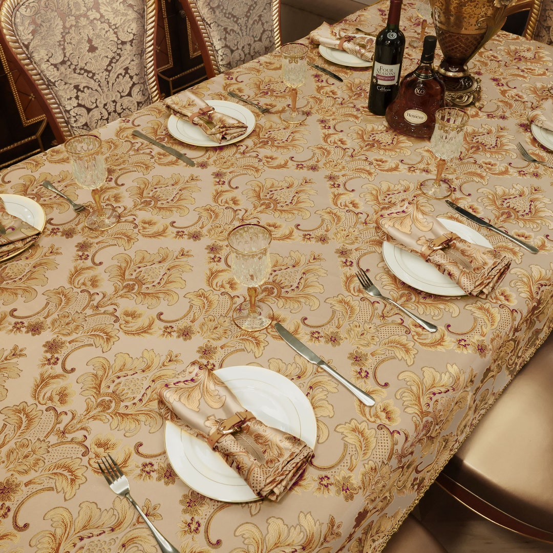 Beige Opulent Table Cloth- Damask Tablecloth With Tassels for Table ...
