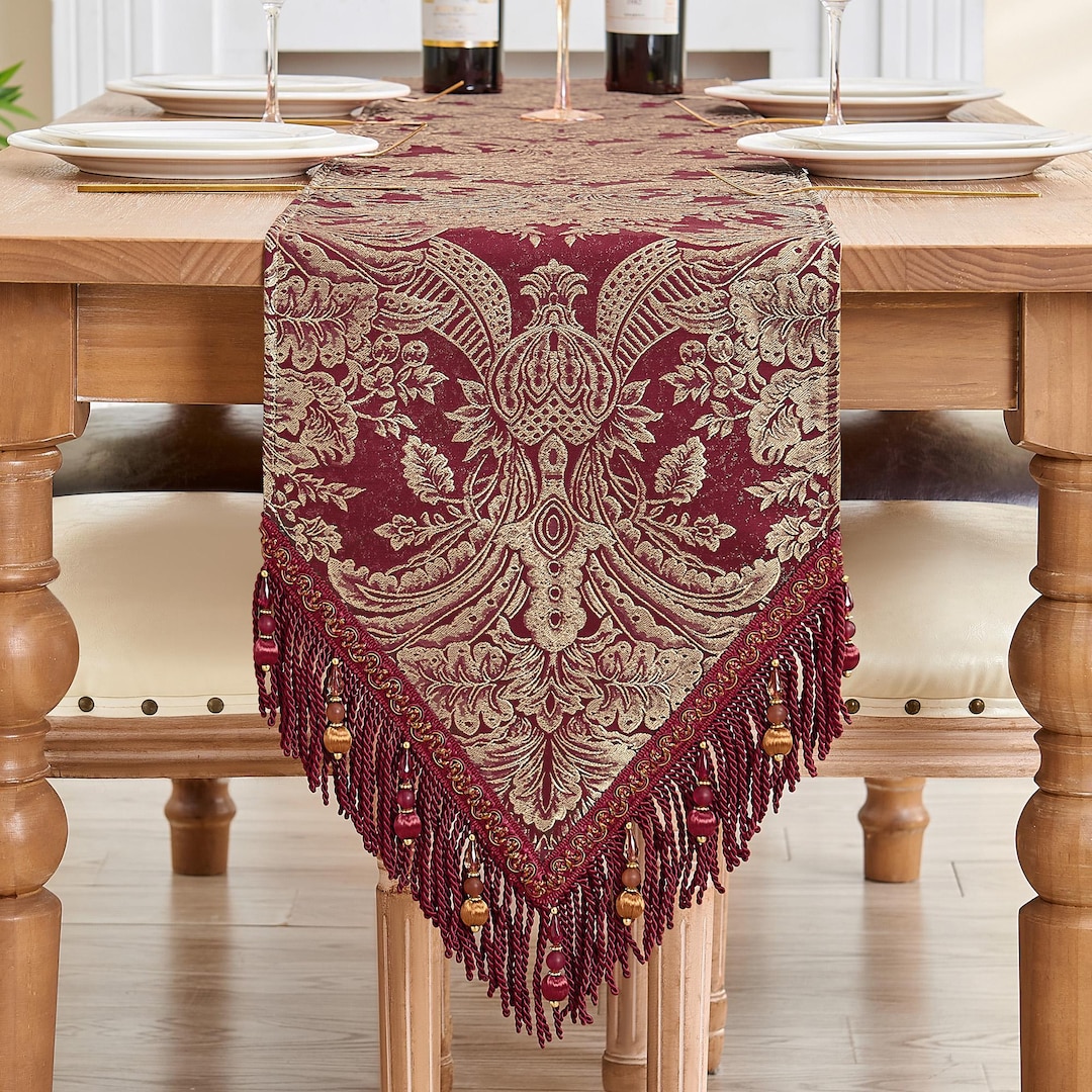 Red Noble Table Runner- Jacquard Table Runner With Tassels for ...