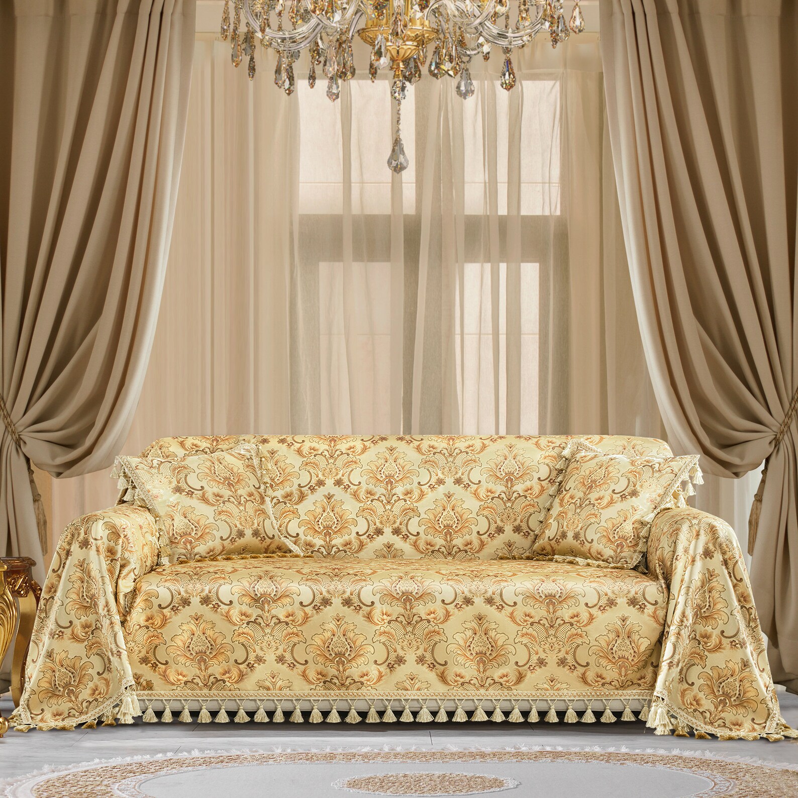 Opulent Sofa Cover- Damask Sofa Slipcover With Tassels- Yellow Couch ...