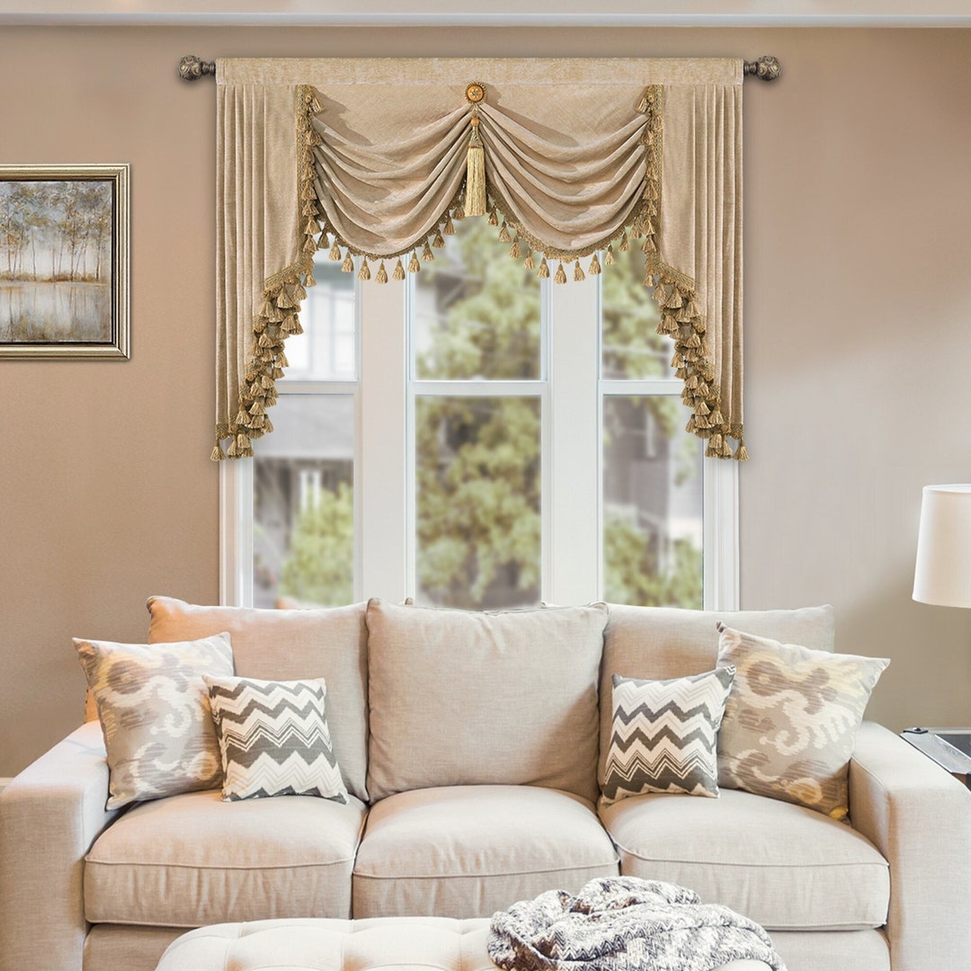 Beige Chenille Swag Valance Traditional Waterfall Valance for Windows ...