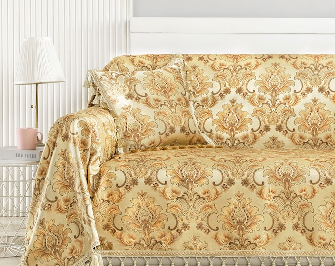 Opulent Sofa Cover Damask Sofa Slipcover With Tassels Yellow Couch ...