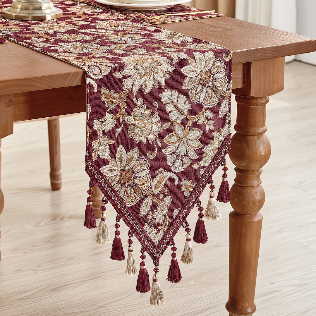 Burgundy Table Runner- Jacquard Table Runner With Tassels for Table ...