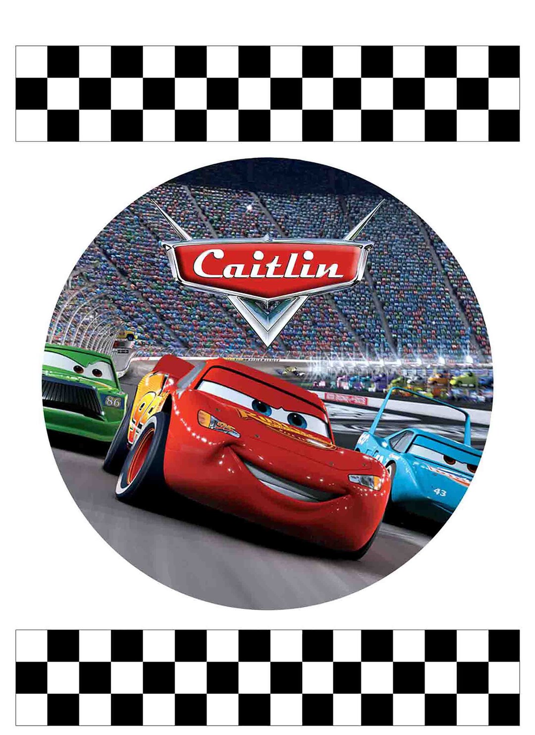 Cars Edible Icing Personalised Cake Topper 7" Round & Chequered Strips ...