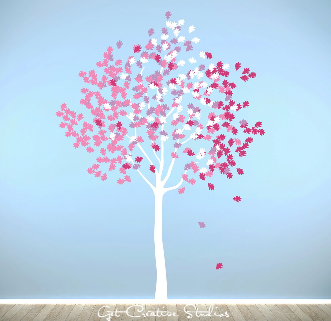Pink Tree Wall Decal Tree Branch Wall Decal White Leaves Leaf Decals ...