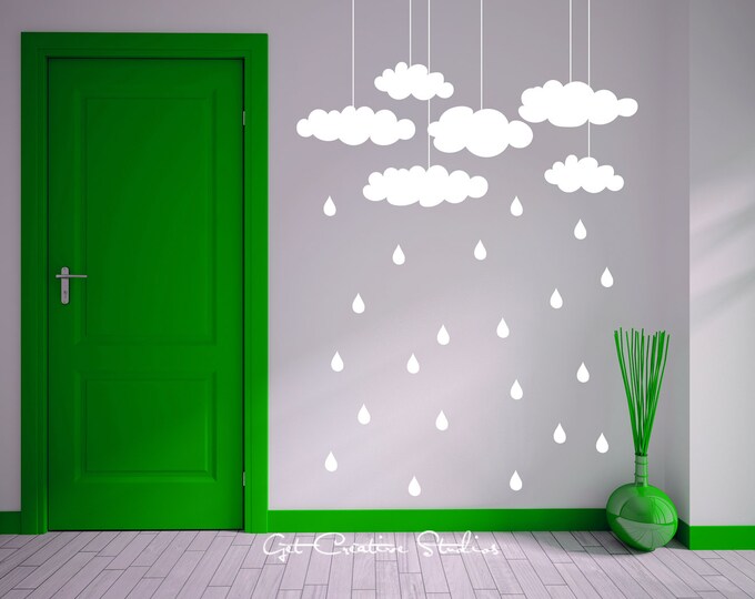 Clouds Decal Rain Storm Decal Hanging Cloud Decal Raindrops Wall Decals ...