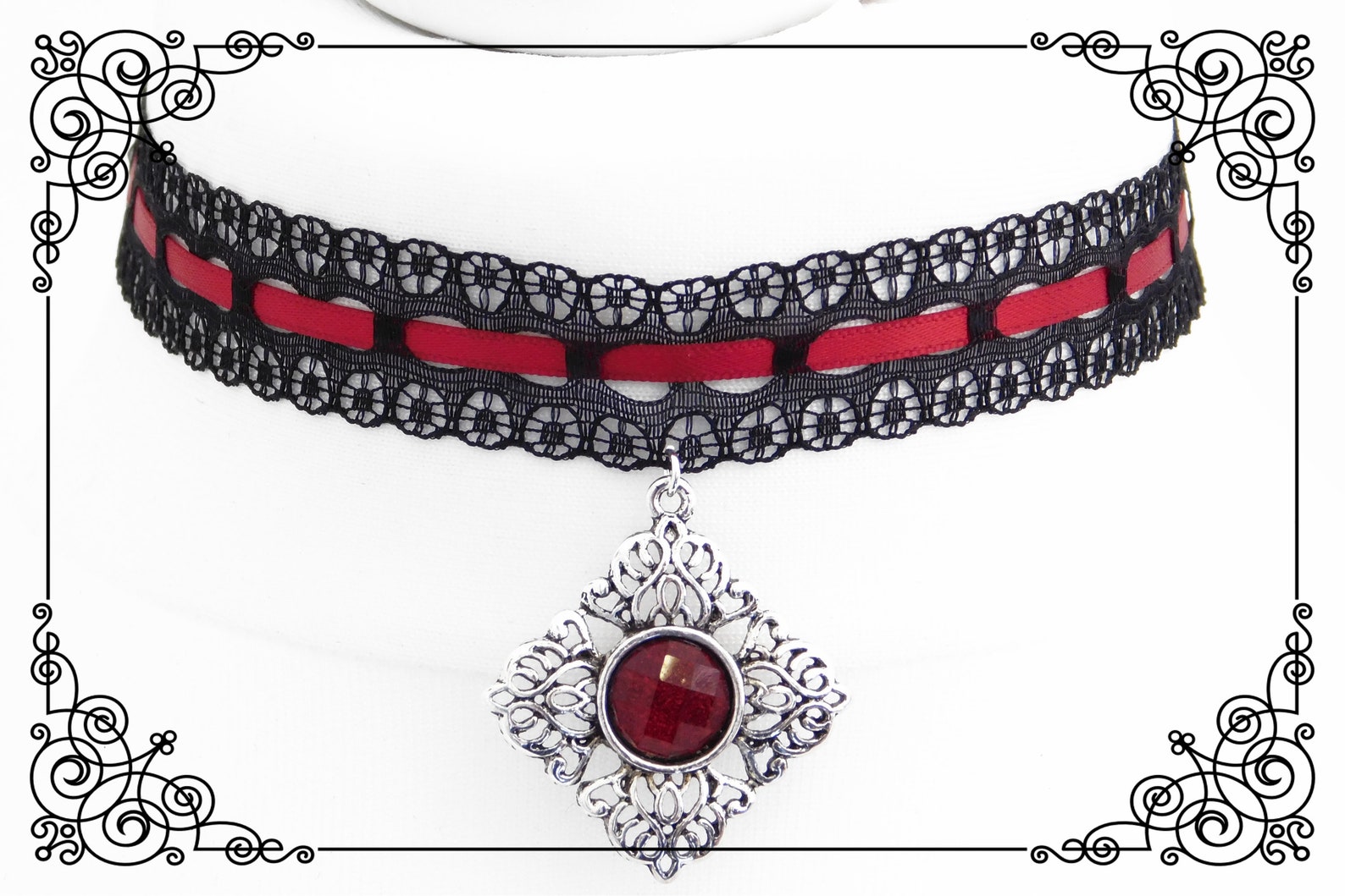 VICTORIAN GOTHIC PENDANT Choker Black and Red Lace Choker - Etsy UK
