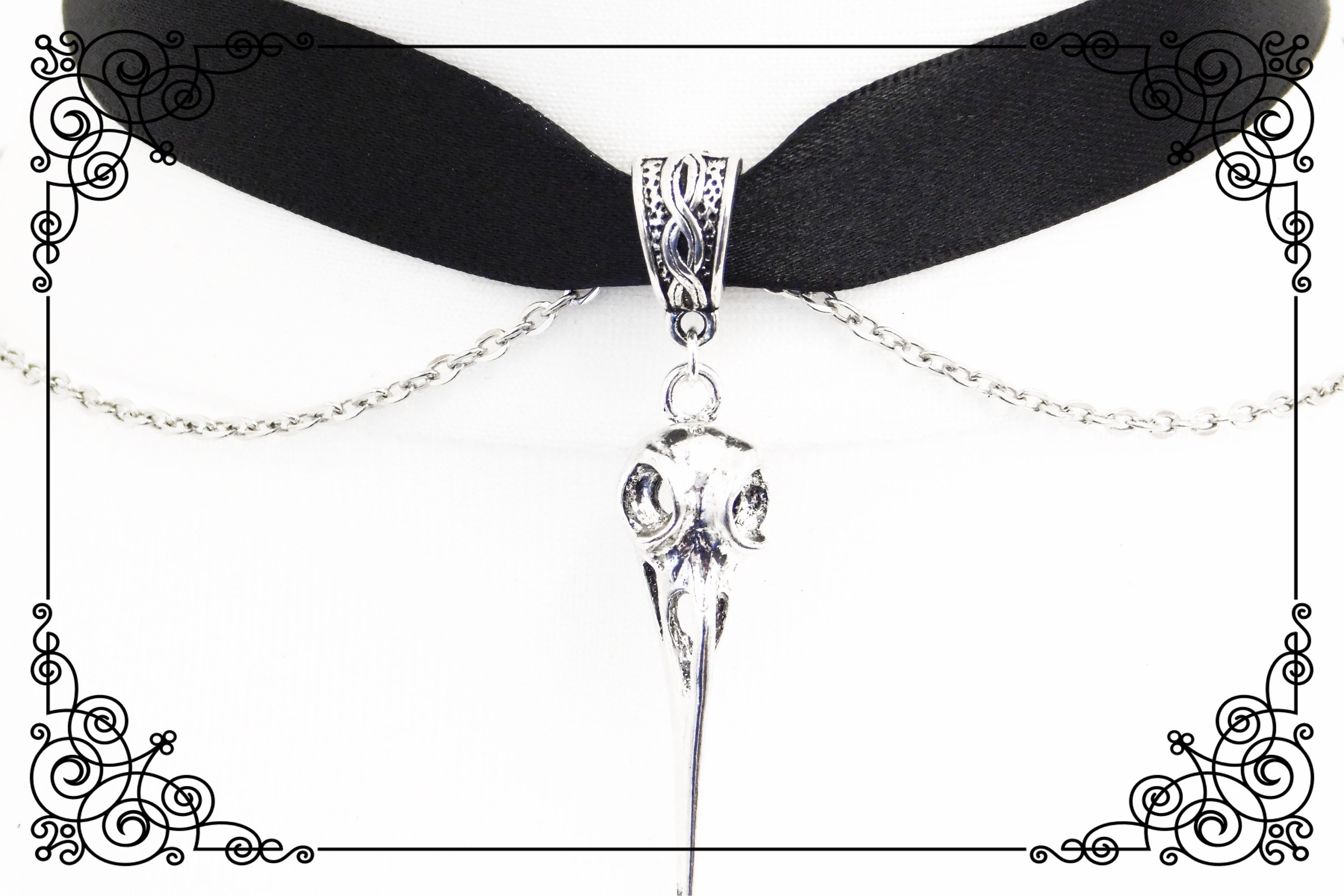 RAVEN SKULL CHAIN Black Velvet Choker Necklace, Pagan Wicca Raven ...