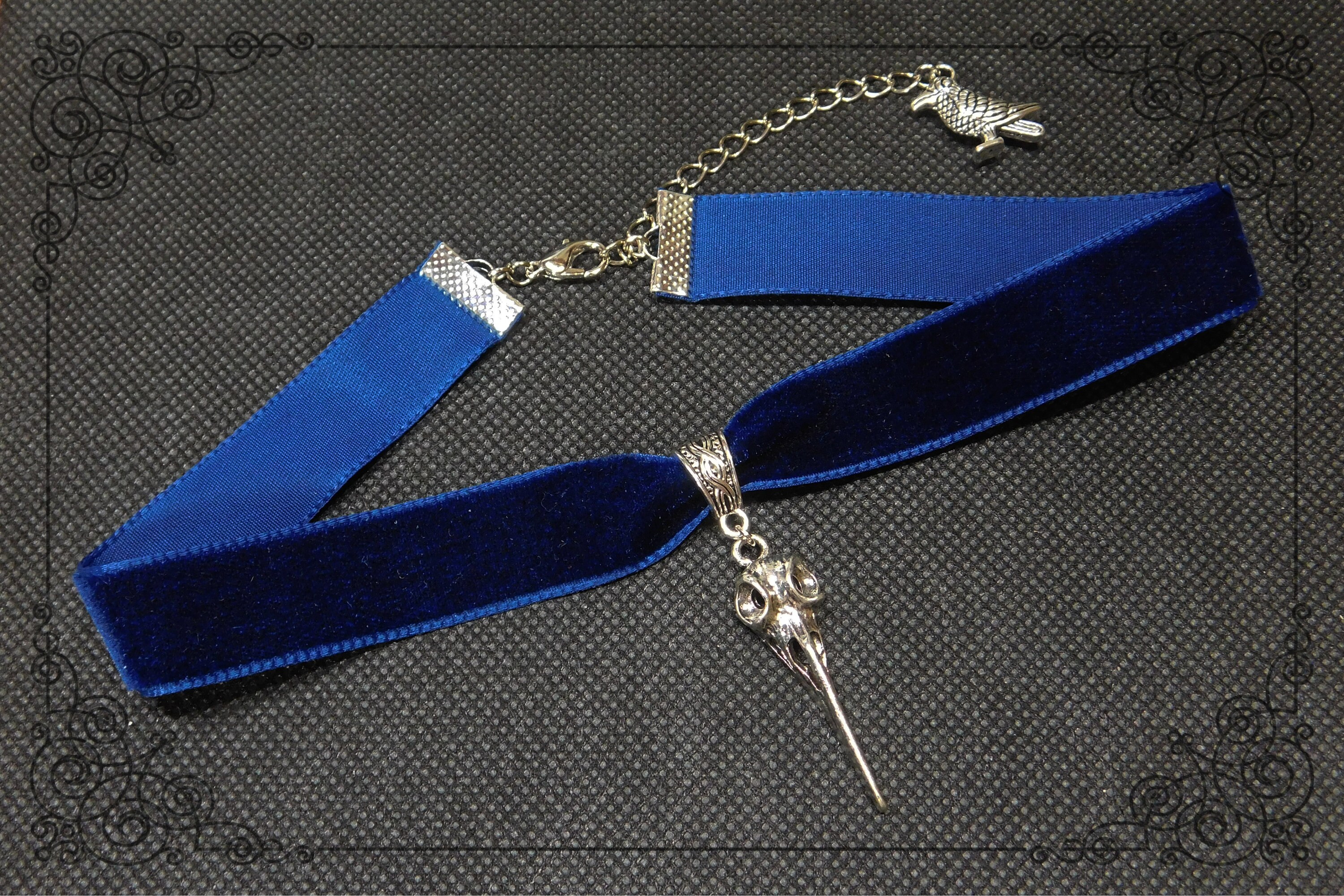 Raven Skull Velvet Choker Necklace in Navy Blue Burgundy Dark Red ...