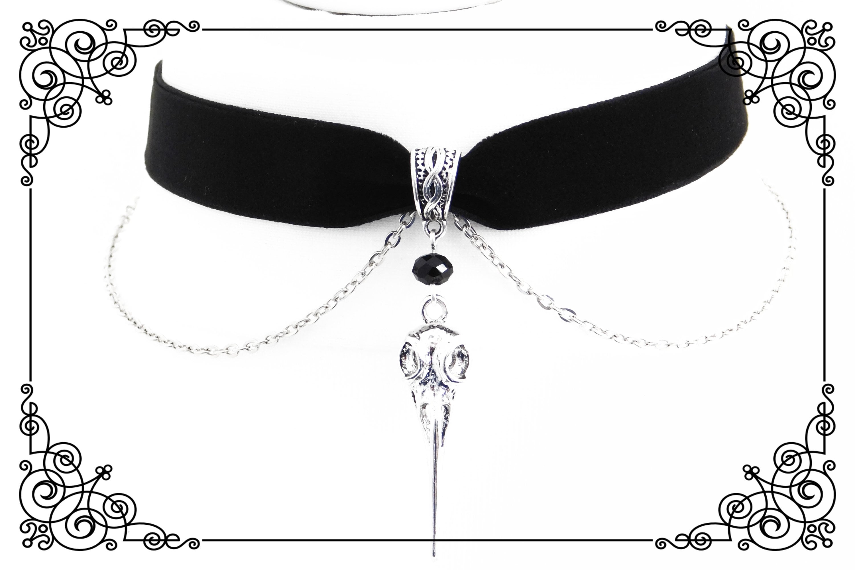 RAVEN SKULL CHAIN Black Velvet Choker Necklace Gothic Raven | Etsy