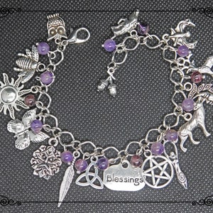 AMETHYST PAGAN Charm Bracelet, Witch, Wicca Charm Bracelet, Owl, Bee, Sun, Acorn, Various ...