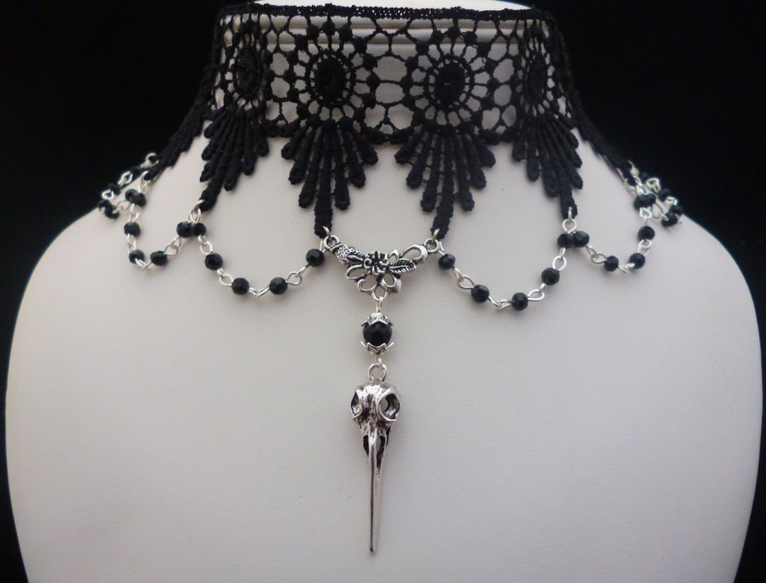 Black Guipure Lace Raven Skull Choker Necklace – Gothic – Wicca ...