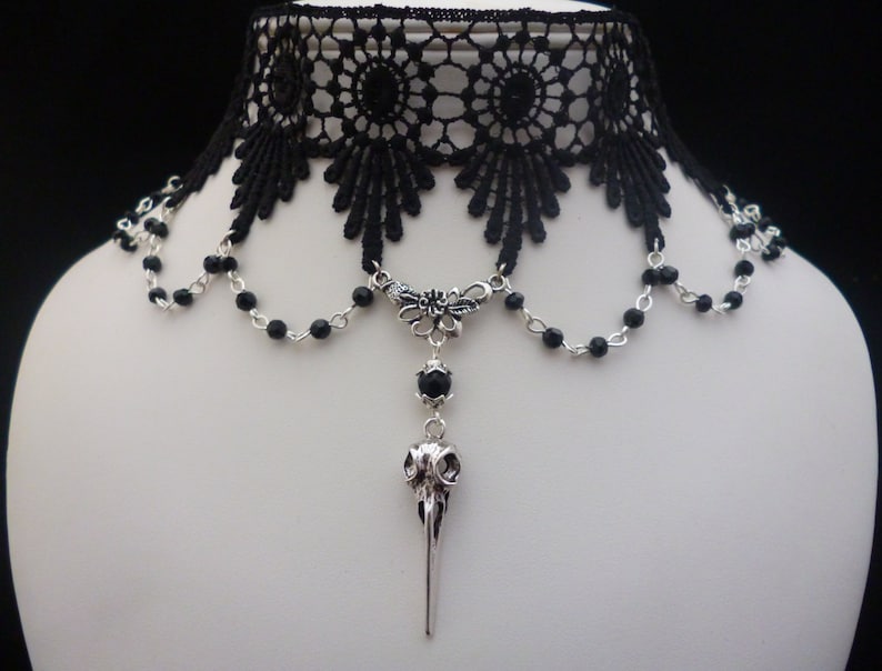 Black Guipure Lace Raven Skull Choker Necklace Gothic - Etsy