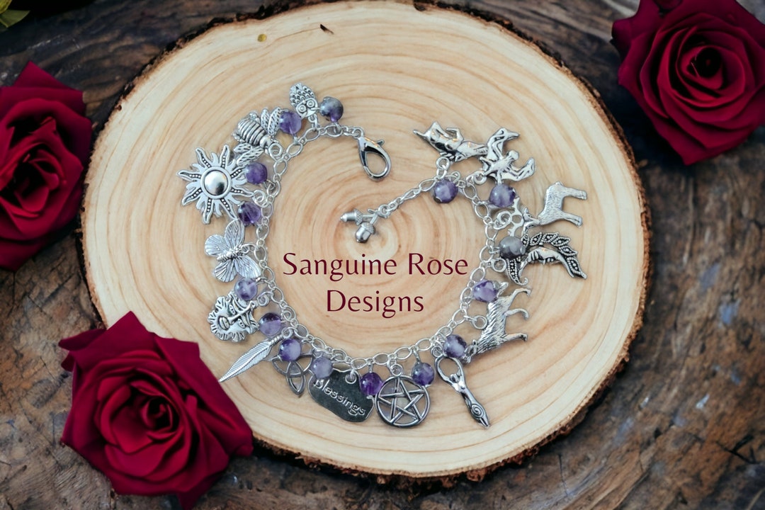 AMETHYST PAGAN Charm Bracelet, Witch, Wicca Charm Bracelet, Owl, Bee ...