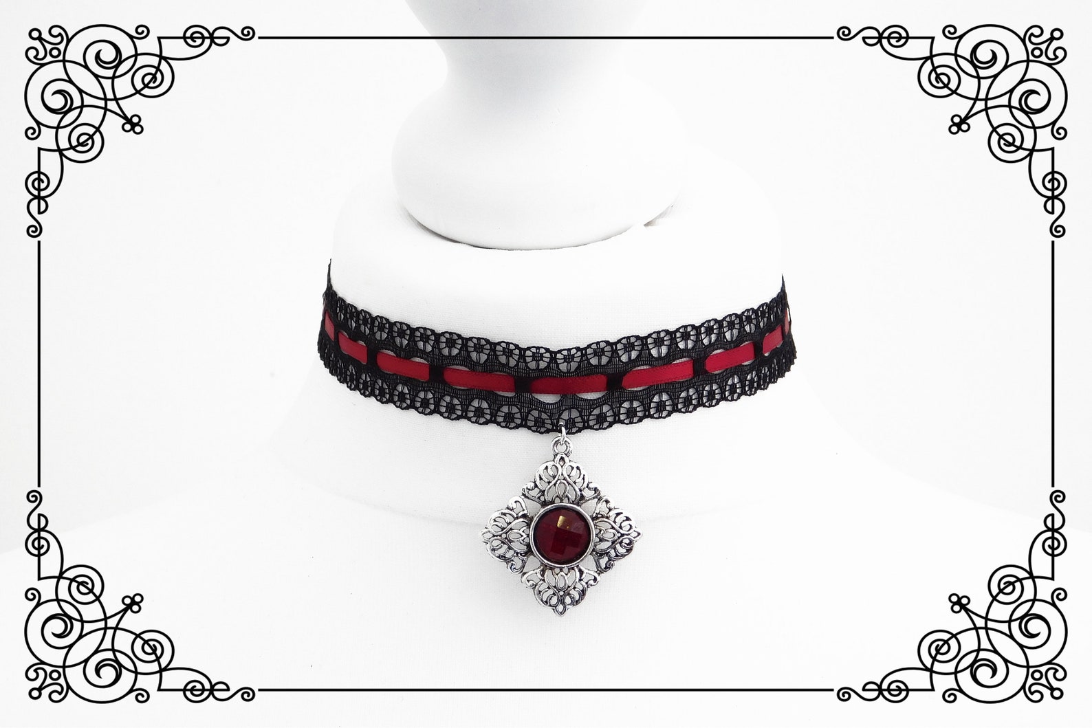 VICTORIAN GOTHIC PENDANT Choker Black and Red Lace Choker - Etsy UK