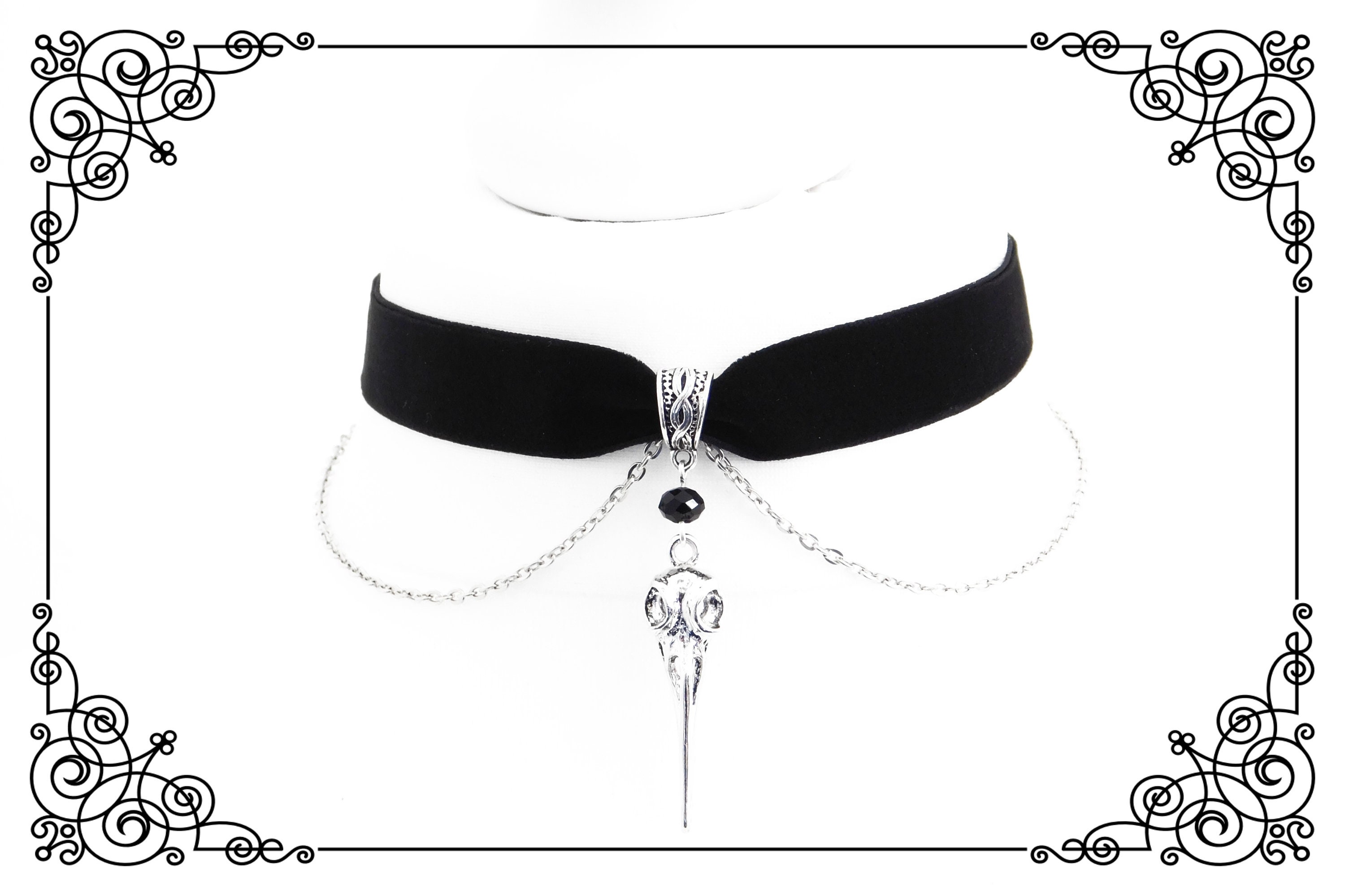 RAVEN SKULL CHAIN Black Velvet Choker Necklace Gothic Raven | Etsy