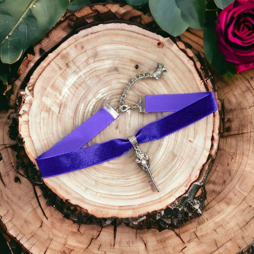 PURPLE RAVEN BIRD Skull Velvet Choker Necklace | Gothic Raven Choker ...