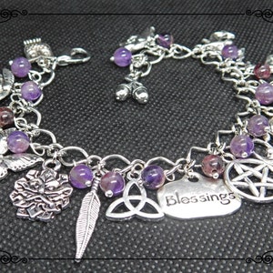 AMETHYST PAGAN Charm Bracelet, Witch, Wicca Charm Bracelet, Owl, Bee, Sun, Acorn, Various ...