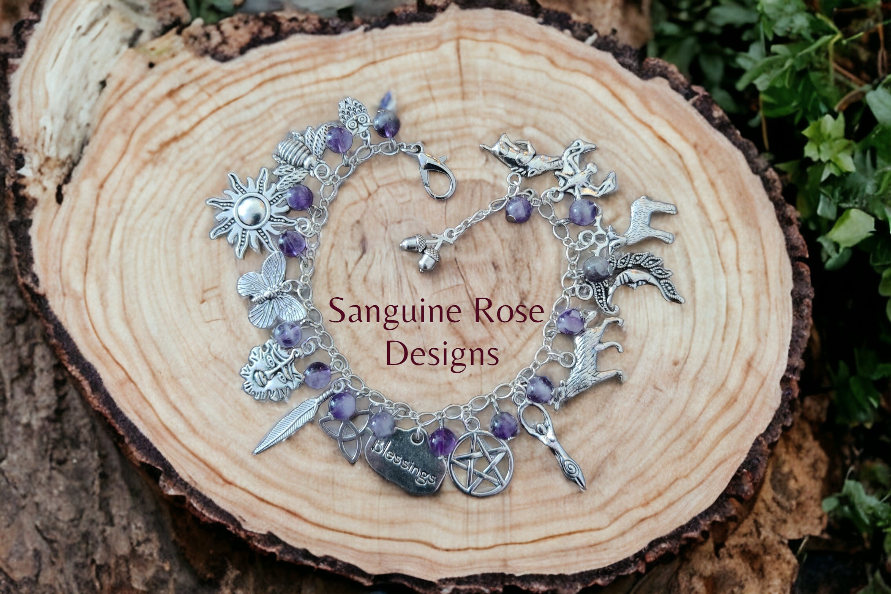 AMETHYST PAGAN Charm Bracelet, Witch, Wicca Charm Bracelet, Owl, Bee ...