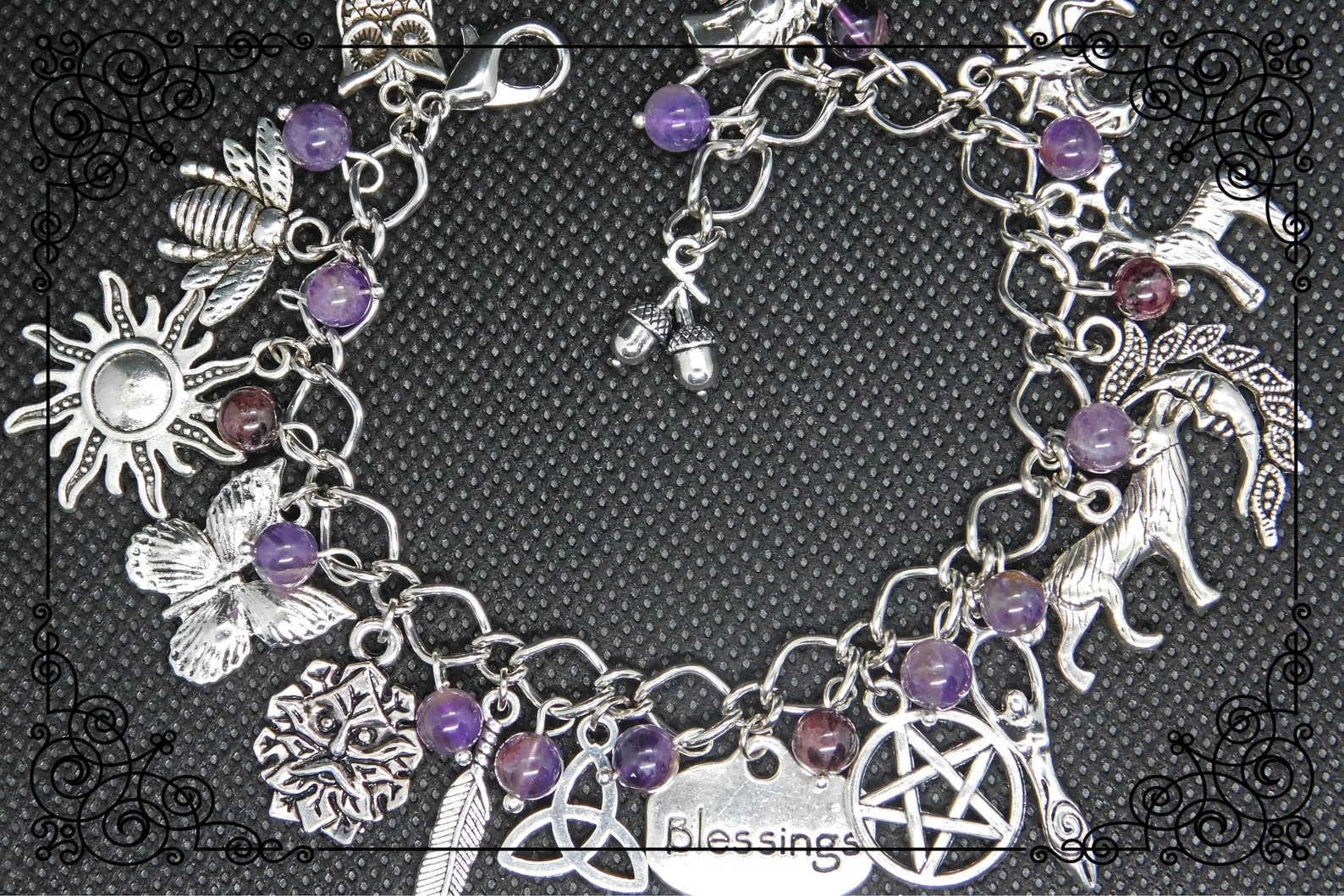 AMETHYST PAGAN Charm Bracelet, Witch, Wicca Charm Bracelet, Owl, Bee ...