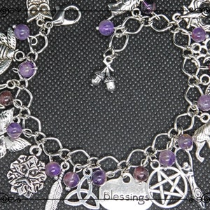 AMETHYST PAGAN Charm Bracelet, Witch, Wicca Charm Bracelet, Owl, Bee, Sun, Acorn, Various ...