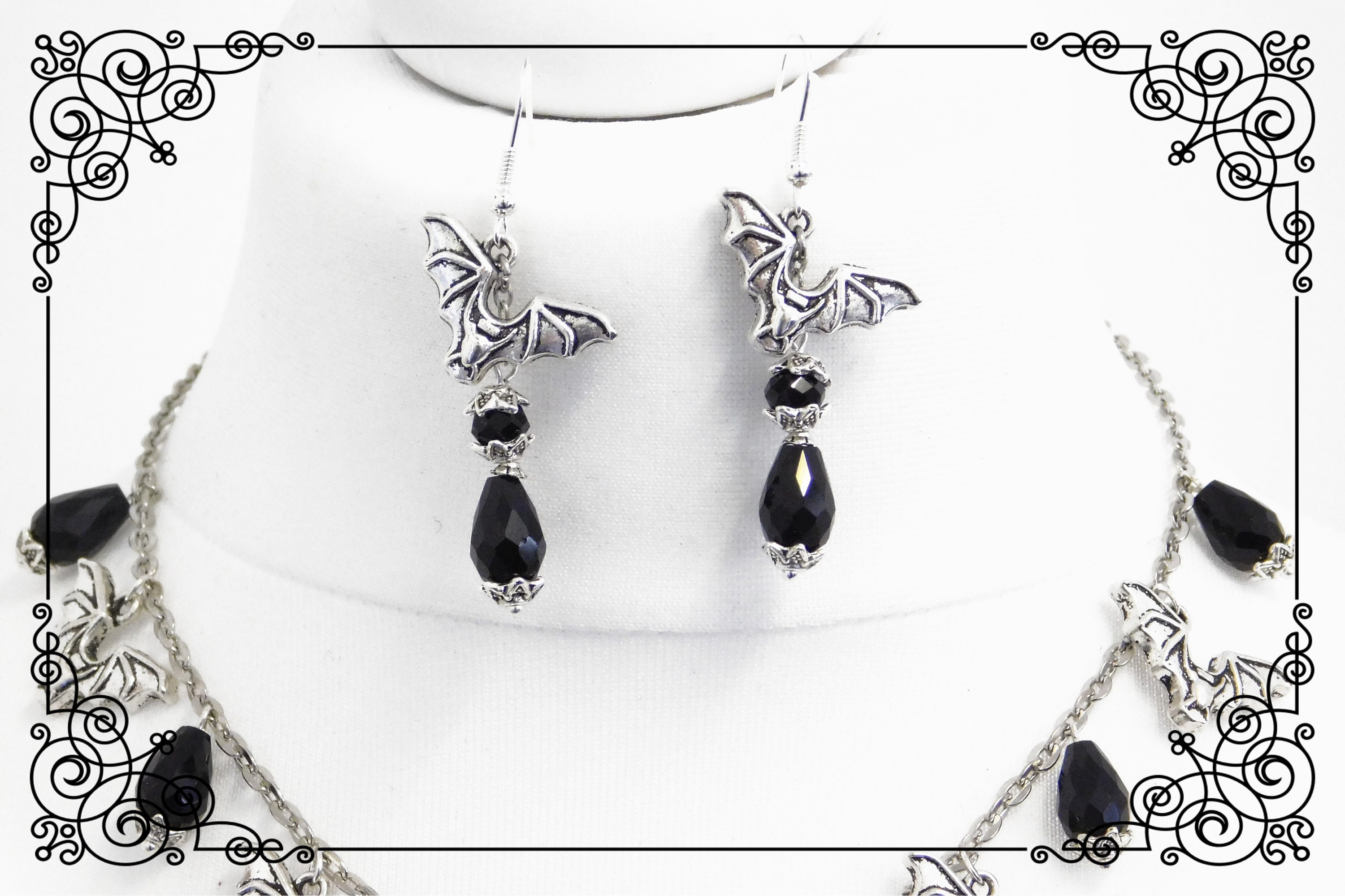 BAT NECKLACE EARRINGS Set, Black Beaded Bat Jewellery Set, Gothic ...