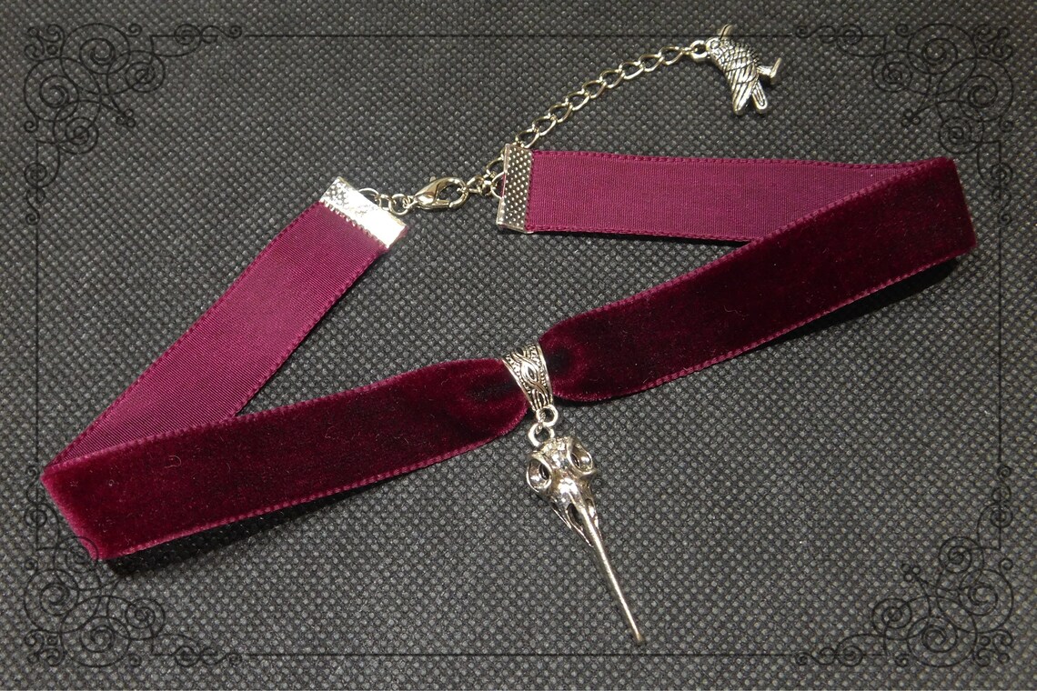 Raven Skull Velvet Choker Necklace in Navy Blue Burgundy Dark Red ...