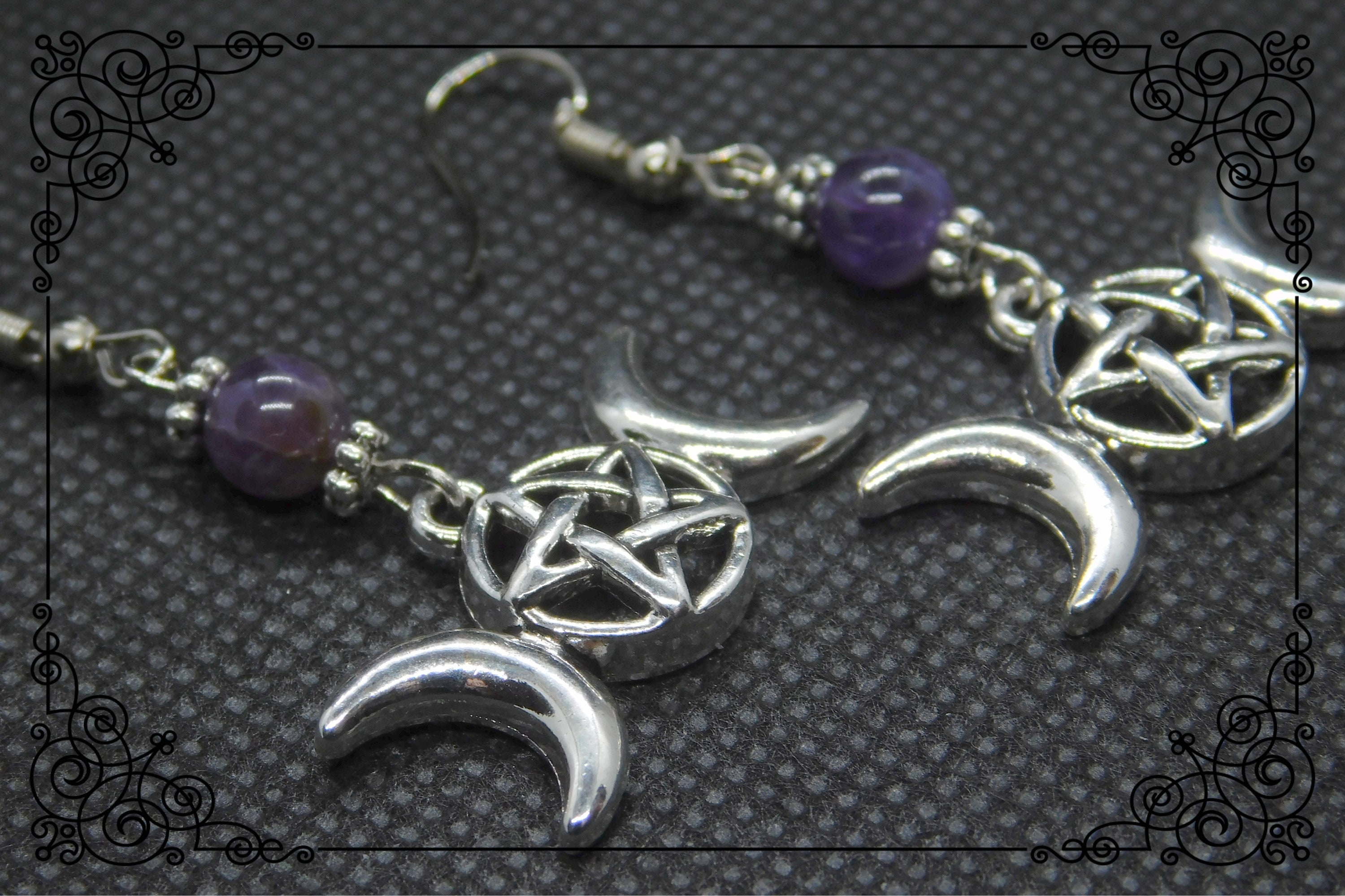 TRIPLE MOON GODDESS Amethyst Earrings Pagan Wicca Clip on or | Etsy UK