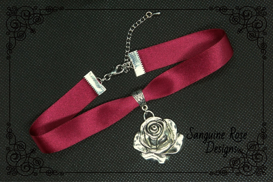 ROSE DARK RED Choker Necklace, Rose Pendant Burgundy Choker, Gothic ...