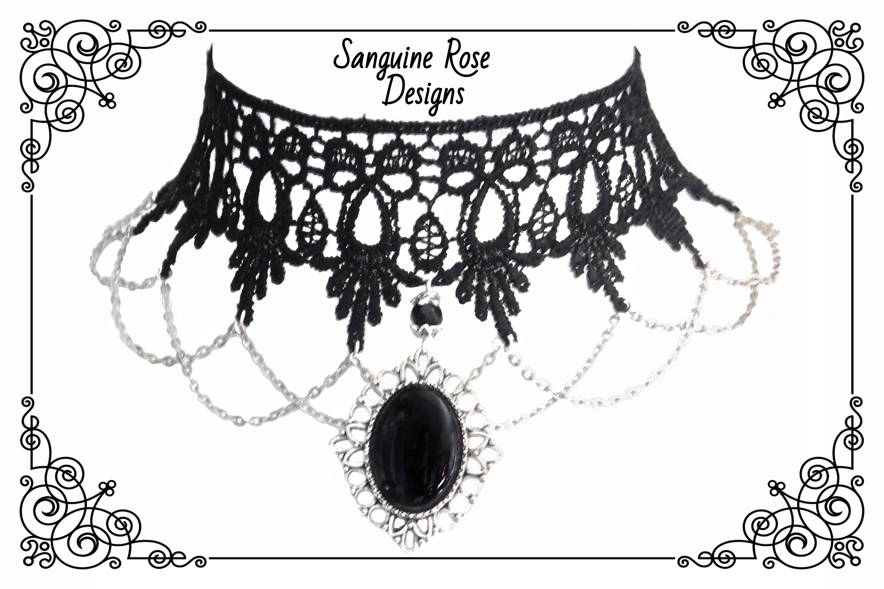 STATEMENT BLACK VICTORIAN Choker Necklace Black Lace Chain - Etsy UK