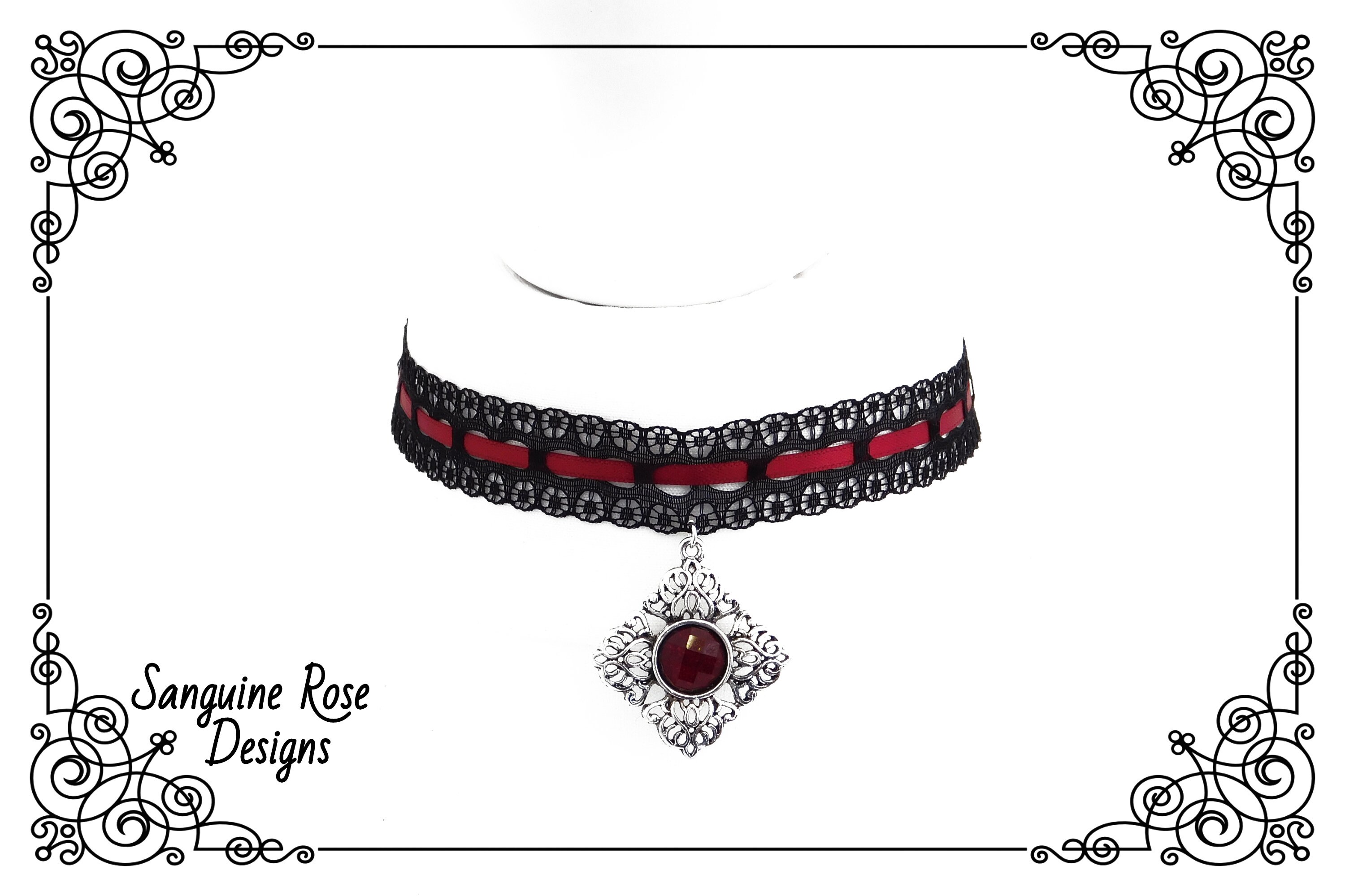 VICTORIAN GOTHIC PENDANT Choker Black and Red Lace Choker - Etsy UK