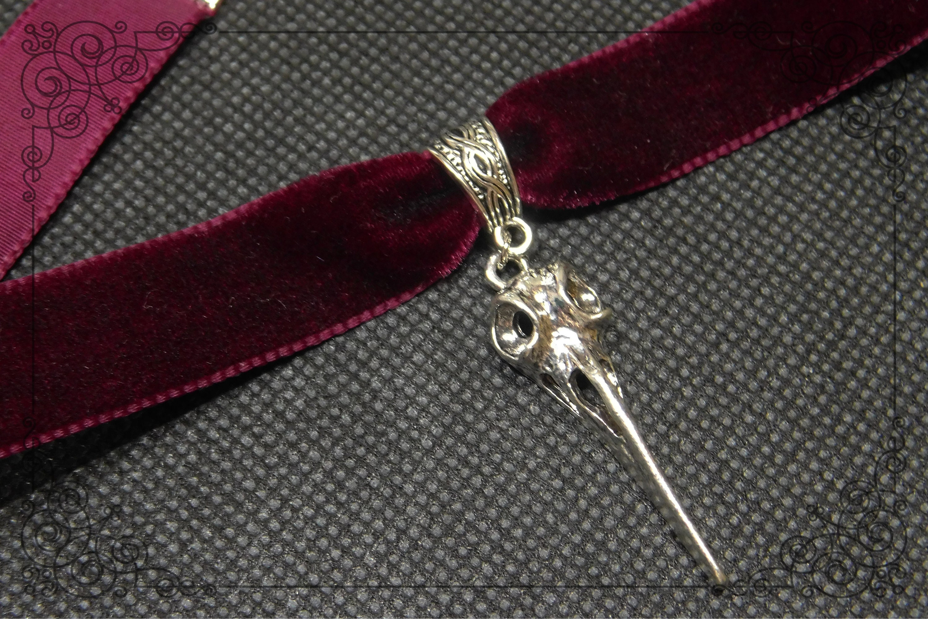 Raven Skull Velvet Choker Necklace in Navy Blue Burgundy Dark - Etsy UK